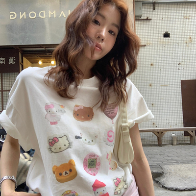 柠檬绿茶-26年早春云朵kiity屋～可爱卡通印花宽松短袖T恤10119