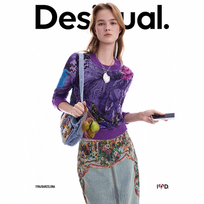 【LACROIX联名】Desigual26秋冬纹理印花拼接针织罗纹长袖女式T恤