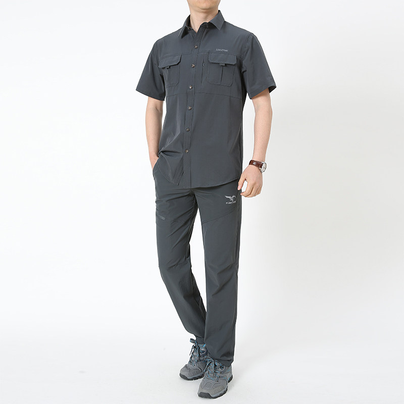 夏季2025户外速干衣裤套装男短袖衬衫休闲宽松运动弹力工作服男薄