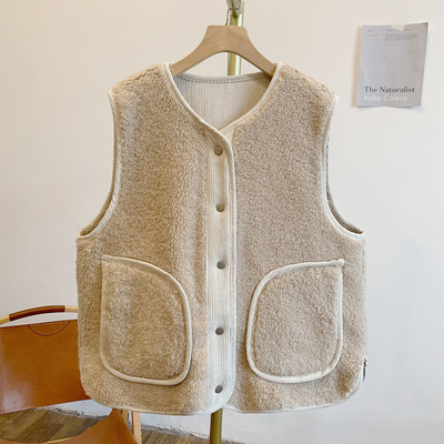 Y3257-1两面穿灯芯绒拼接圆领毛绒马甲