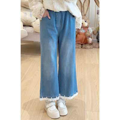 Y4729钉珠蕾丝边松紧腰牛仔阔腿裤