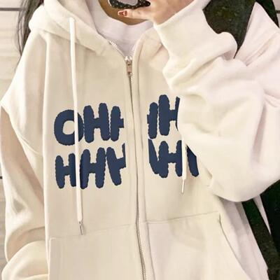 美式复古连帽卫衣开衫女秋冬加绒新款宽松慵懒风chic外套潮小个子