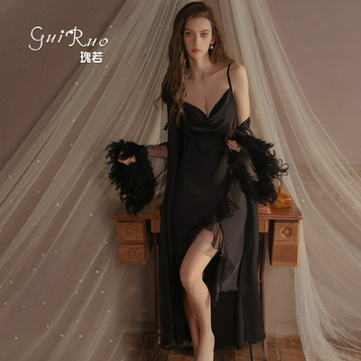 瑰若性感睡衣深V荡领冰丝吊带睡裙外袍家居服慵懒风女士套装4459