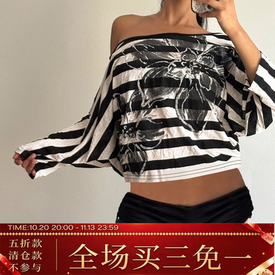 黑白条纹花卉印花斜肩长袖T恤秋