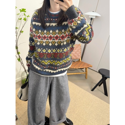 MKDesign冬季新品时髦复古多色纱线花朵图案显白粗棒针套头毛衣