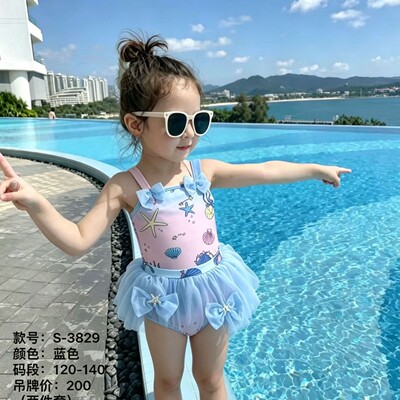 水手宝宝3829新款女童泳衣女孩夏季可爱连体裙蝴蝶结吊带玩水泳装