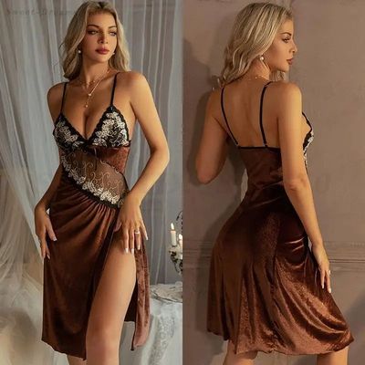Female Spaghetti Strap Nightgown Sexy Patchwork Lace Velvet