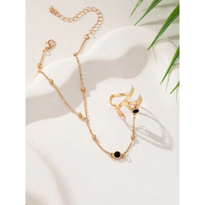 Minimalist Beaded Chain Knuckle Ring With Black Stone Adjust