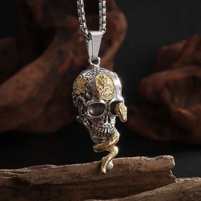 Vintage Gothic Snake Coiled Demon Skull Pendant Necklace for