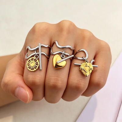 Stainless Steel Wave Design Ring Neutral Two Tone Sun Moon G
