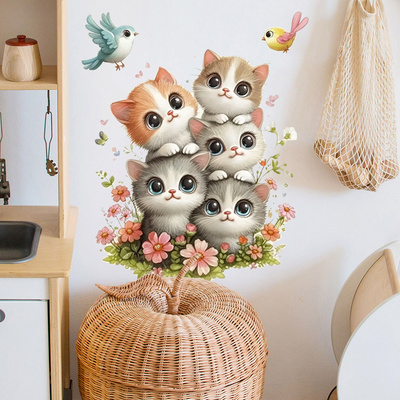 大眼小猫咪叠罗汉花朵小鸟贴画自粘客厅卧室床头美化装饰背景墙贴