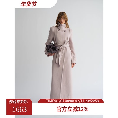 PREEKEND 羊毛羊绒混纺粉紫色/100%羊毛棕格纹圆肩立领长大衣