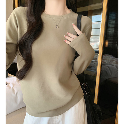 慵懒风纯色针织磨毛圆领长袖T恤上衣女装秋冬宽松显瘦加绒打底衫