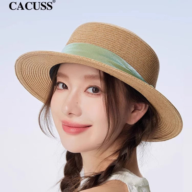 CACUSS法式平顶防晒草帽女2025春夏新款海边度假平檐礼帽遮阳帽子