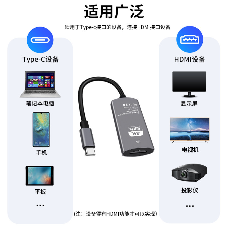 手机电脑同屏HDTV转换器4K60HZ高清投屏TypeC转HDMI视频转接线适用苹果15/16笔记本平板连接电视显示器投影仪