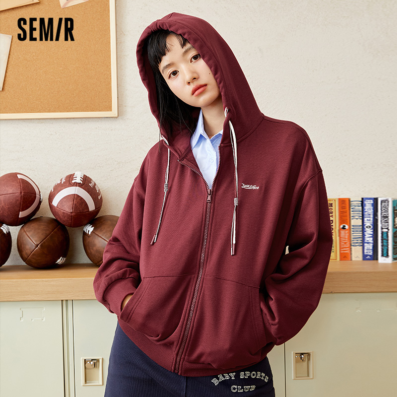 森马外套女2023秋季新款女装宽松落肩连帽夹克酒红色针织开衫卫衣_虎窝淘