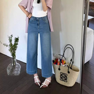 弹力显瘦宽松直筒牛仔裤九分高腰