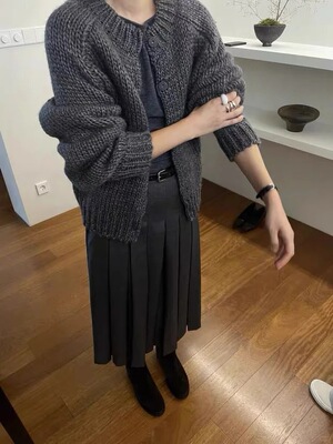 现货PREON工厂自制秋冬新款粗棒针圆领纽扣通勤百搭开衫lfm同款