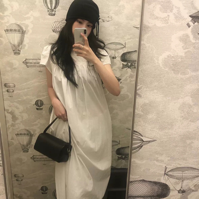 PREON工厂自制夏季新款法式松弛感蕾丝边领短袖长款连衣裙smooth