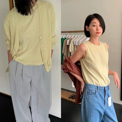 现货PREON工厂自制早春明亮黄舒适百搭针织背心开衫套装moondal