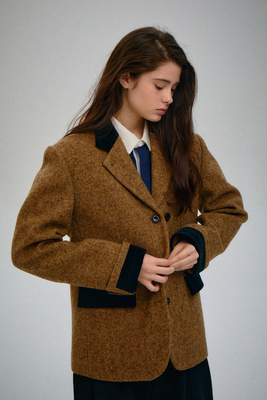 现货PREON工厂自制秋冬高级感羊毛拼接撞色西装外套farven同款