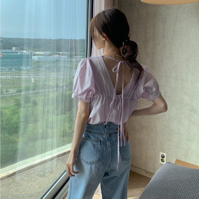 尺码更新纯棉 韩国ins夏日设计感小性感后背 系带短袖衬衫