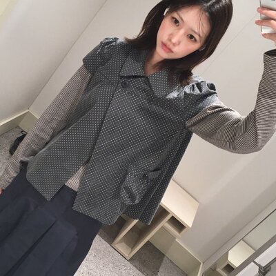 有货 韩国复古甜美日系波点两粒扣别致口袋设计叠穿短袖衬衫上衣