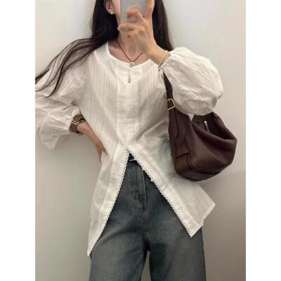 春夏新款泡泡袖圆领衬衫女中长款衬衣外套设计感小众上衣