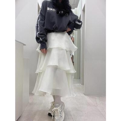有货韩国ins 春纯色后松紧蛋糕百搭甜美过膝半身裙
