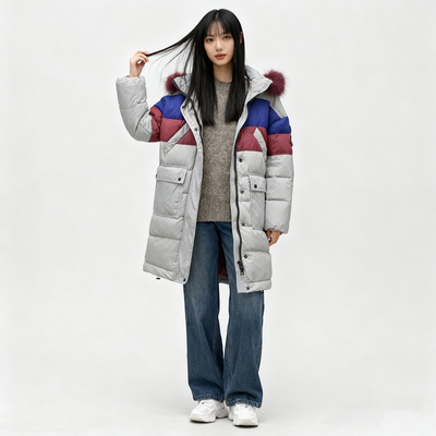 柜价2499厚款ABLEJEANS羽绒服女式中长款北方抗冻羽绒衣拼色潮流