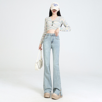 高品质》浅蓝牛仔裤女2026春季高腰弹力显瘦显高喇叭长裤加长3787