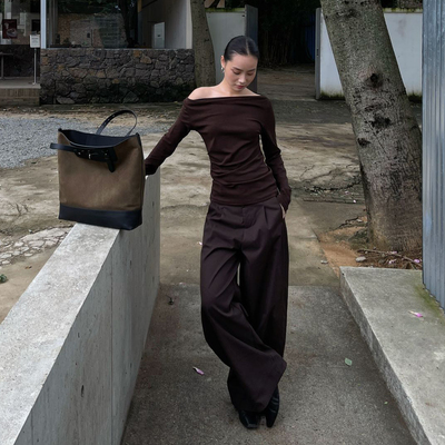 PURITYYH极简咖色时尚镰刀休闲裤女秋季宽松长裤松弛阔腿弯刀裤子