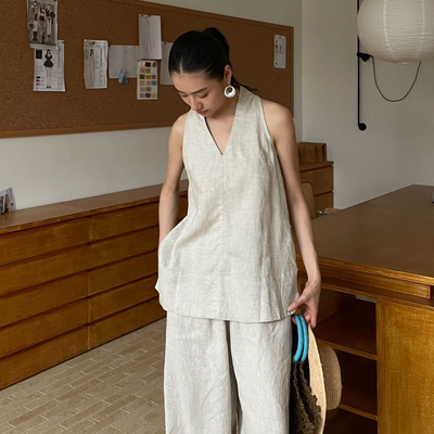 PURIT法式简约气质背心V领亚麻衬衫女夏轻奢高级吊带挂脖无袖上衣