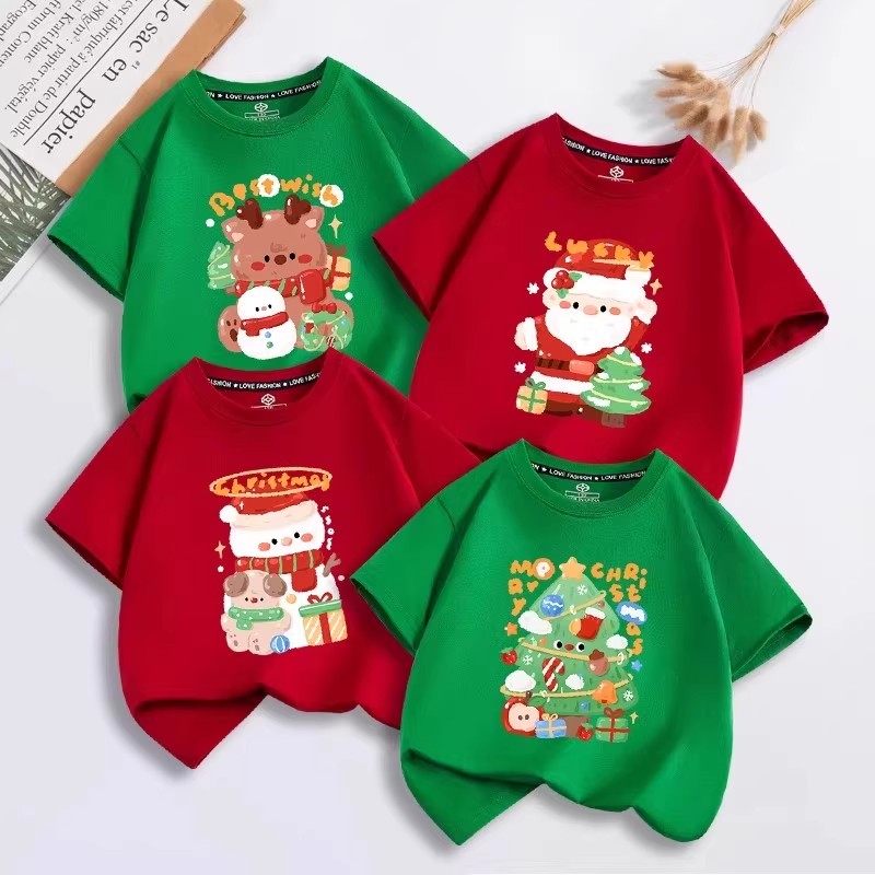 Christmas圣诞节麋鹿纯棉T恤男童女童亲子装红色短袖学生班服上衣