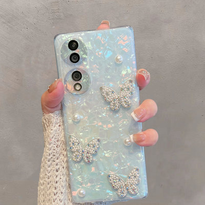 适用于华为荣耀70手机壳70pro+半透明新款女fne一an00小清新sdy-anoo立体镶钻蝴蝶honor高级感防摔手链保护套