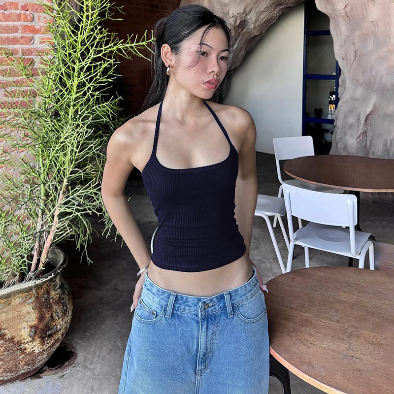 美式复古简约挂脖绑带背心2026夏季新款辣妹修身显瘦休闲吊带上衣