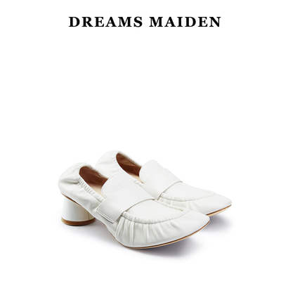 Dreams maiden小众设计师秋新款超软褶皱小粗跟单鞋真皮发财宅女