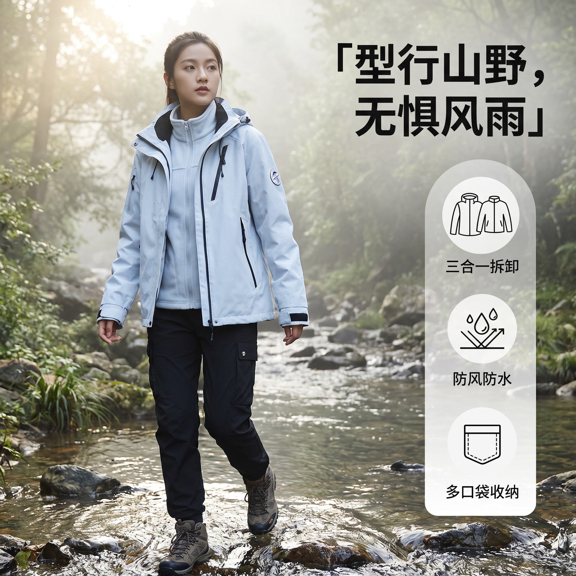 IZEXX潮牌三合一冲锋衣防风防水男女同款秋冬夹克可拆卸内胆外套