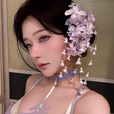 超仙紫色铃兰花流苏发夹女头饰新中式古风复古头花发卡侧边夹发饰