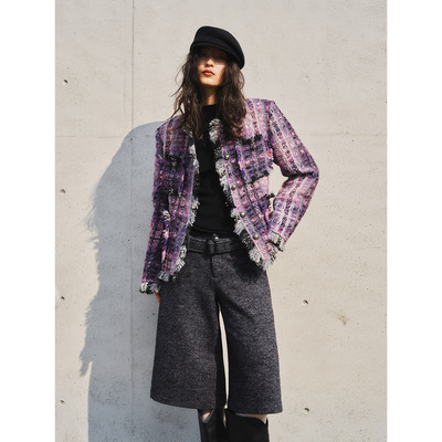 洛边 紫芝眉宇 小香风粗花呢外套女撞色格子千金风高级感毛呢