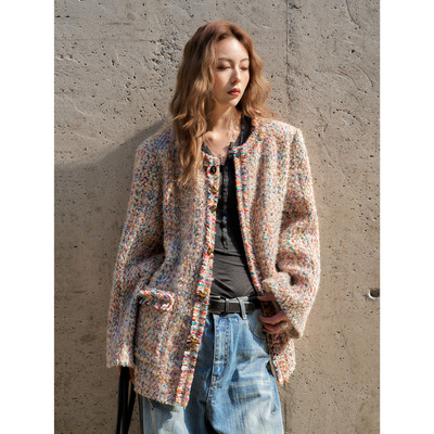 洛边 杜塞画廊 小香风彩色粗花呢圆领流苏边毛呢外套女宽松原创