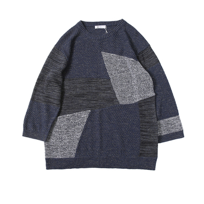 几何拼接棉麻日式七分袖套头衫