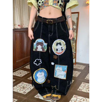 C2自制/卡通猫咪贴布牛仔长裤女宽松bf风高街甜酷风阔腿裤长裤夏