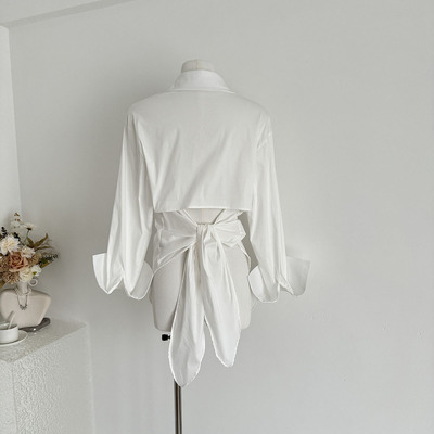 花珊珊同款白色收腰绑带衬衫