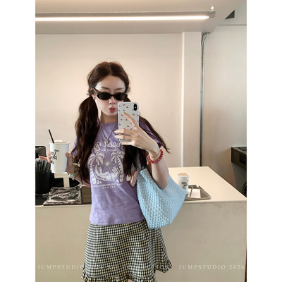 草莓跳 度假风纯棉椰树印花短袖T恤女春夏宽松百搭休闲显瘦上衣