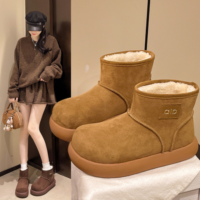 真皮厚底防滑雪地靴女2025冬新款芒果头丑萌短筒百搭加厚保暖棉鞋