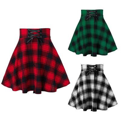 Fashion plaid lace up half pleated skirt格子系带半身百褶裙女