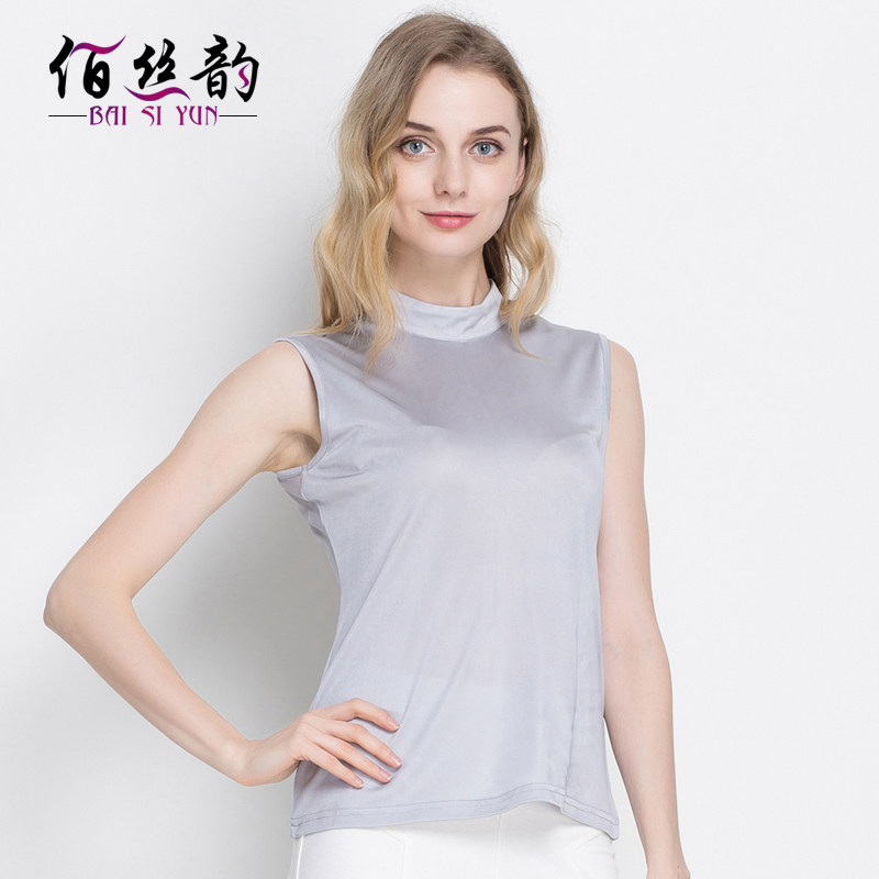 100%桑蚕丝半高领无袖T恤夏季女士真丝打底背心修身百搭显瘦上衣