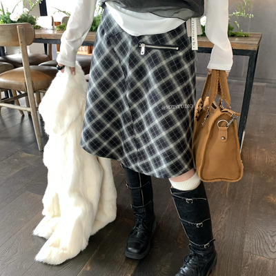 MZI STUDIO-26年春款千禧时髦轻亚感韩标黑格不对称拉链显18351#