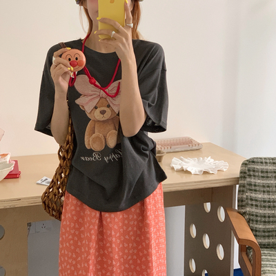 Vaoom-26年夏上新蝴蝶结小熊少女心减龄印花圆领超显瘦短袖TKA395